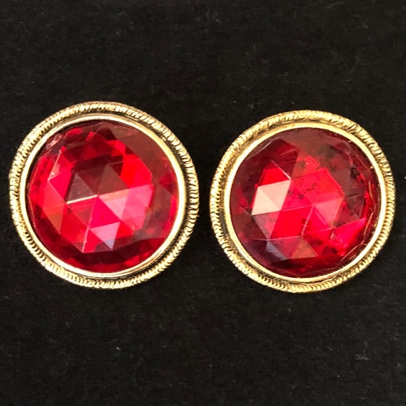 Jewelry | Geometric Red Round Clip On Earrings Gold Tone | Poshmark